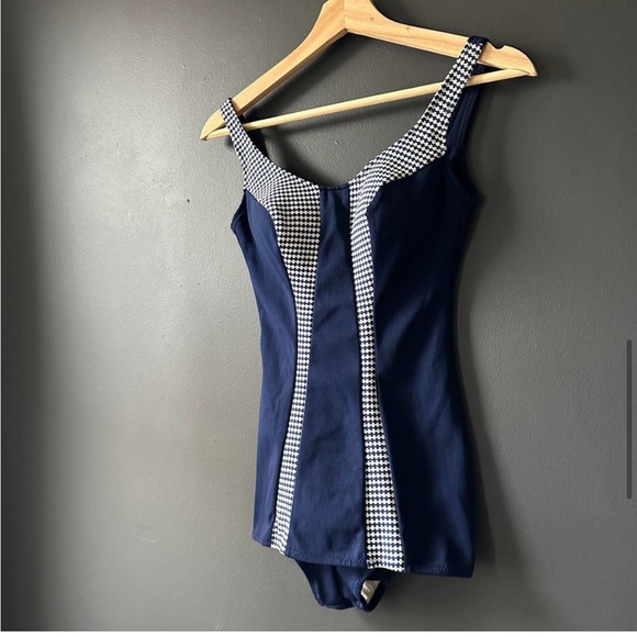 Vintage | Swim | Vintage Elemko Navy White One Piece Skirted Bloomer ...